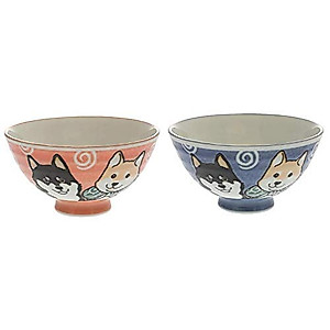 Japanese Shiba Dog Red and Blue Rice Bowl Set 4.92 Inches Diameter Authentic Mino Ware Ceramic Chawan Set of 2 Bowls from Japan