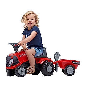Falk Case IH Tractor with Trailer, Rake and Shovel, Rake and Shovel, 2 Sets of Stickers, Push Ride-On Toy for Toddlers +1 Year FA238C