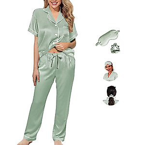 WJing Yi Jia Womens Pajamas Set XS-4XL Silk Satin Pajama Sets Short Pj Sets Button Down Pjs Set Loungewear Sleepwear