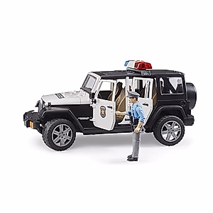 Bruder Toys - Emergency Realistic Jeep Wrangler Unlimited Rubicon Police Vehicle with Light Skintoned Policeman and Light and Sound Module with 4 Different Sounds - Ages 4+