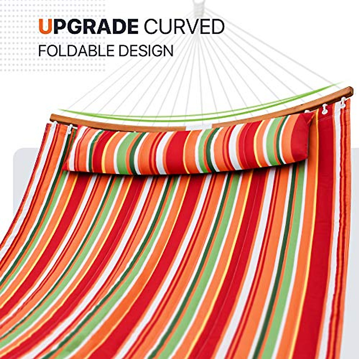 EAGLE PEAK 11 FT Double Hammock Quilted Fabric Hammock with Bamboo Wood Spreader Bars & Detachable Pillow, 2 Person Portable Hammock for Outdoor Patio Yard, 440 Pound Capacity, Red Stripe