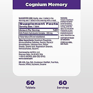 Natrol Cognium Memory Extra Strength Silk Protein Hydrolysate 200mg, Dietary Supplement for Brain Health and Memory Support, 60 Tablets, 30 Day Supply