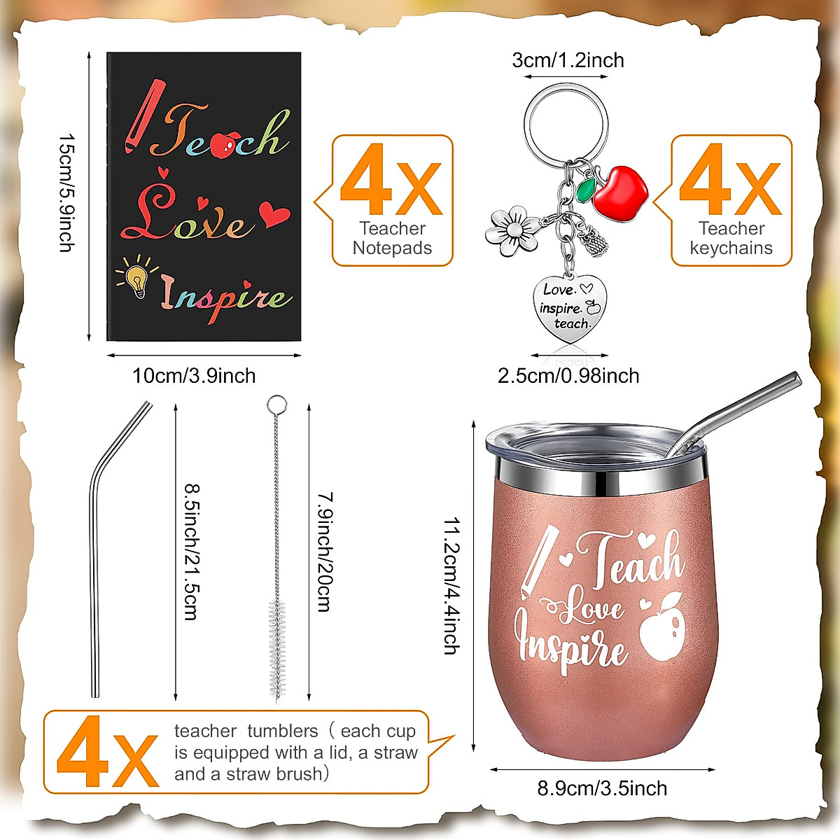 Panitay 12 Pcs Teacher Appreciation Christmas Gifts in Bulk for Women, Teach Love Inspire Tumbler Set 12oz Wine Cup with Mini Journal Notepads Keychains Thank You Gifts Valentine's Day Gifts Set