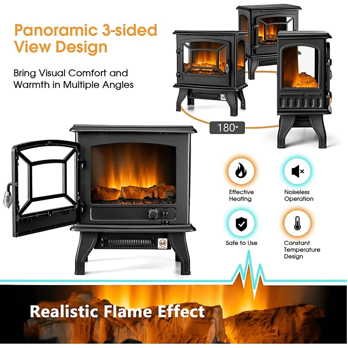 Electric Fireplace Heater Stove 20" Freestanding Stove Heater 1400W/4780BTU Indoor Small LED Heater for Home Office,Overheating Safety Protection,Realistic Flame Effect,Black