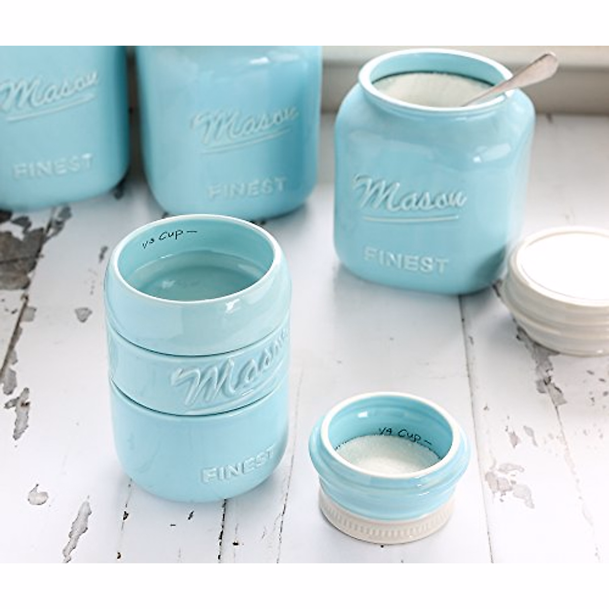 Sparrow Decor Mason Jar Measuring Cups Set - Set of 4 Ceramic Measuring Cups (1/4, 1/3, 1/2, 1 Cup) in Rustic, Antique, Farmhouse Design Perfect for Your Kitchen (Blue)
