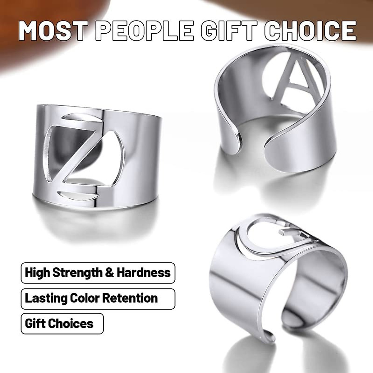 ChainsHouse Personalized Stainless Steel Bold Initial A-Z Letter Open Ring Adjustable Women Statement Rings Party Open Alphabet Cuff Rings(Letter T)