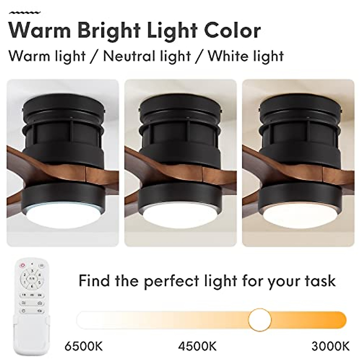 EKIZNSN 52 Inch Modern Outdoor Flush Mount Ceiling Fan with Lights Remote Control, Low Profile Wood Ceiling Fan with 3 Blades for Bedroom/Living Room, Walnut Wood