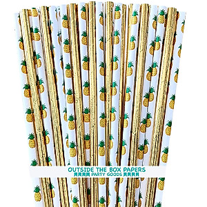 Pineapple and Gold Foil Paper Straws - Hawaiian Luau - 7.75 Inches - 100 Pack - Green Yellow Gold - Outside the Box Papers Brand