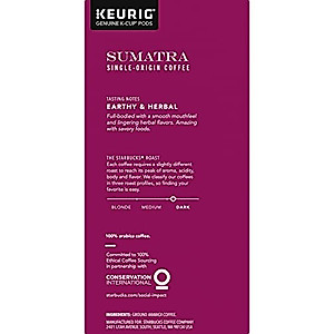 Starbucks Coffee K-Cup Pods, Sumatra Single-Origin Coffee, Dark Roast Ground Coffee, Keurig Genuine K-Cup Pods, 32 CT K-Cup Pods Per Box (Pack of 3)