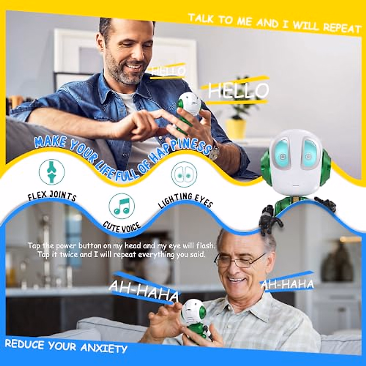 BROADREAM Stocking Stuffers, Robot Kids Toys, Mini Robot Talking Toys for Boys Girls Travel Toys Help Kids Talking for Christmas Stocking Stuffers, LED Lights and Interactive Voice Changer (Green)