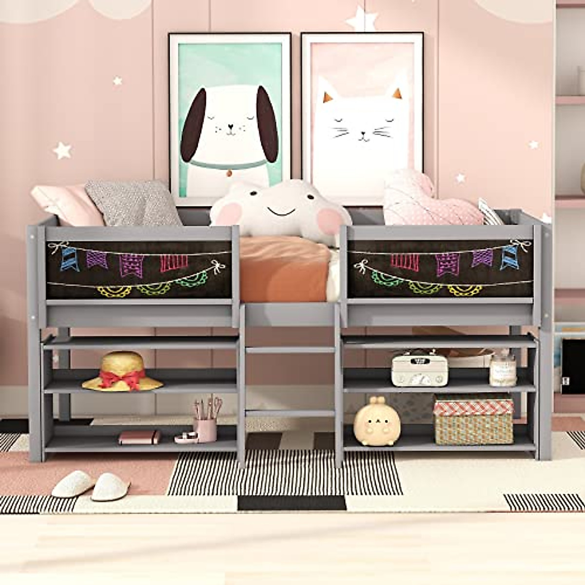 Low Loft Beds with 2 Movable Shelves Twin Loft Bed Frame with Chalkboard Modern Farmhouse Junior Bed for Kids Boys Girls, Gray