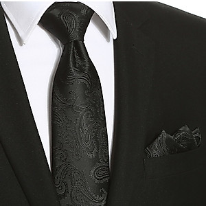 KissTies Extra Long Tie Set: Black Paisley Necktie + Hanky + Gift Box (63'' XL)