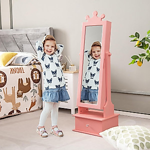 GOFLAME Kids Jewelry Armoire, Children’s Jewelry Cabinet with Full Length Mirror & Storage Drawers, Freestanding Jewelry Organizer for Girls, Birthday/Christmas Gift (Pink)