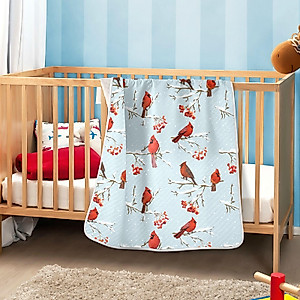 Nnamluu 30"X40" Baby Cotton Blanket Winter Birds Berries Nursery Blankets for Infants Receiving Blanket Swaddle Blanket Cardinal