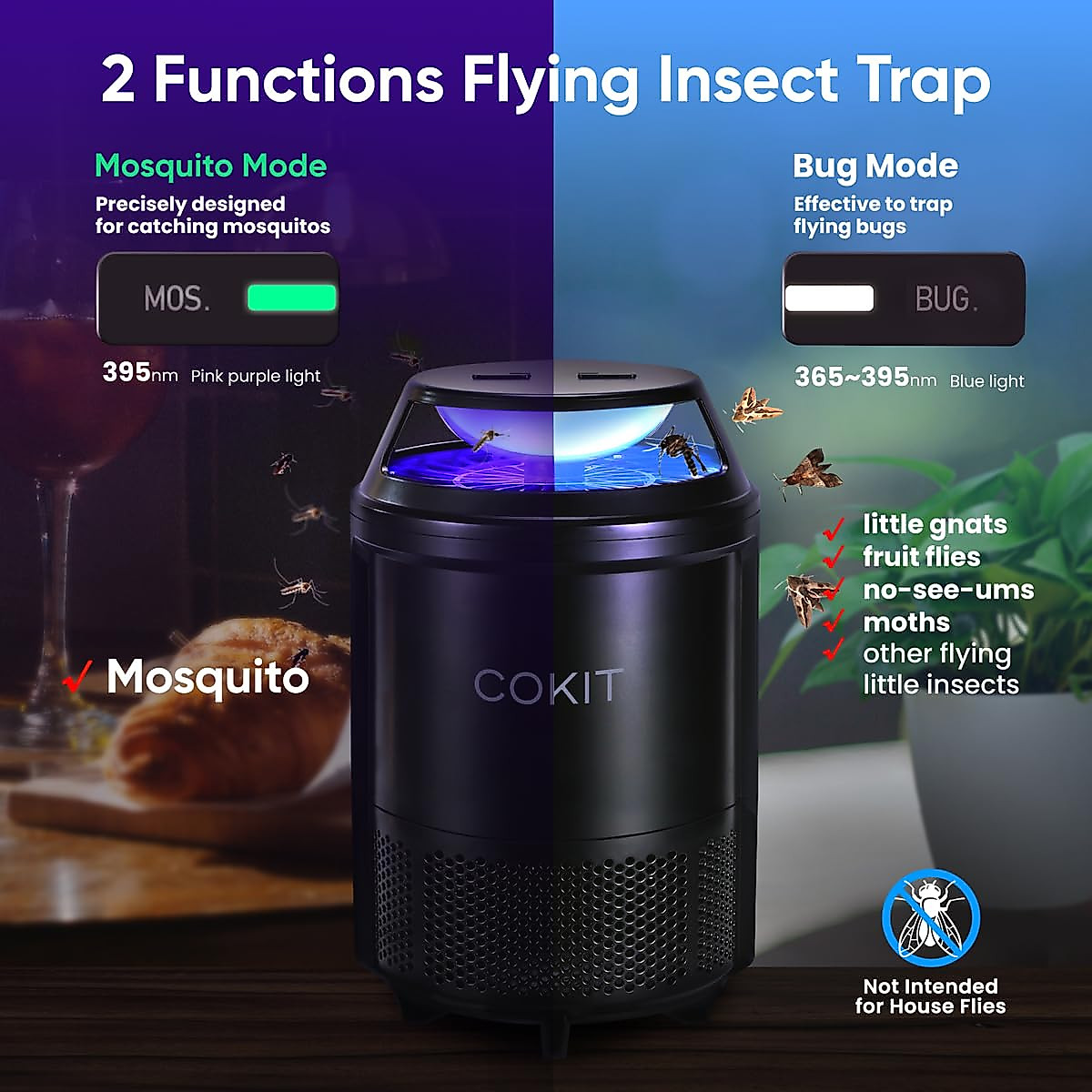 COKIT Indoor Insect Trap, 2 Mode Catching Insects with Suction, Bug Light and 6 Glue Board, Catcher & Killer for Mosquito, Gnat, Moth, Fruit Flies, Non-Zapper Traps for Home, Black-2