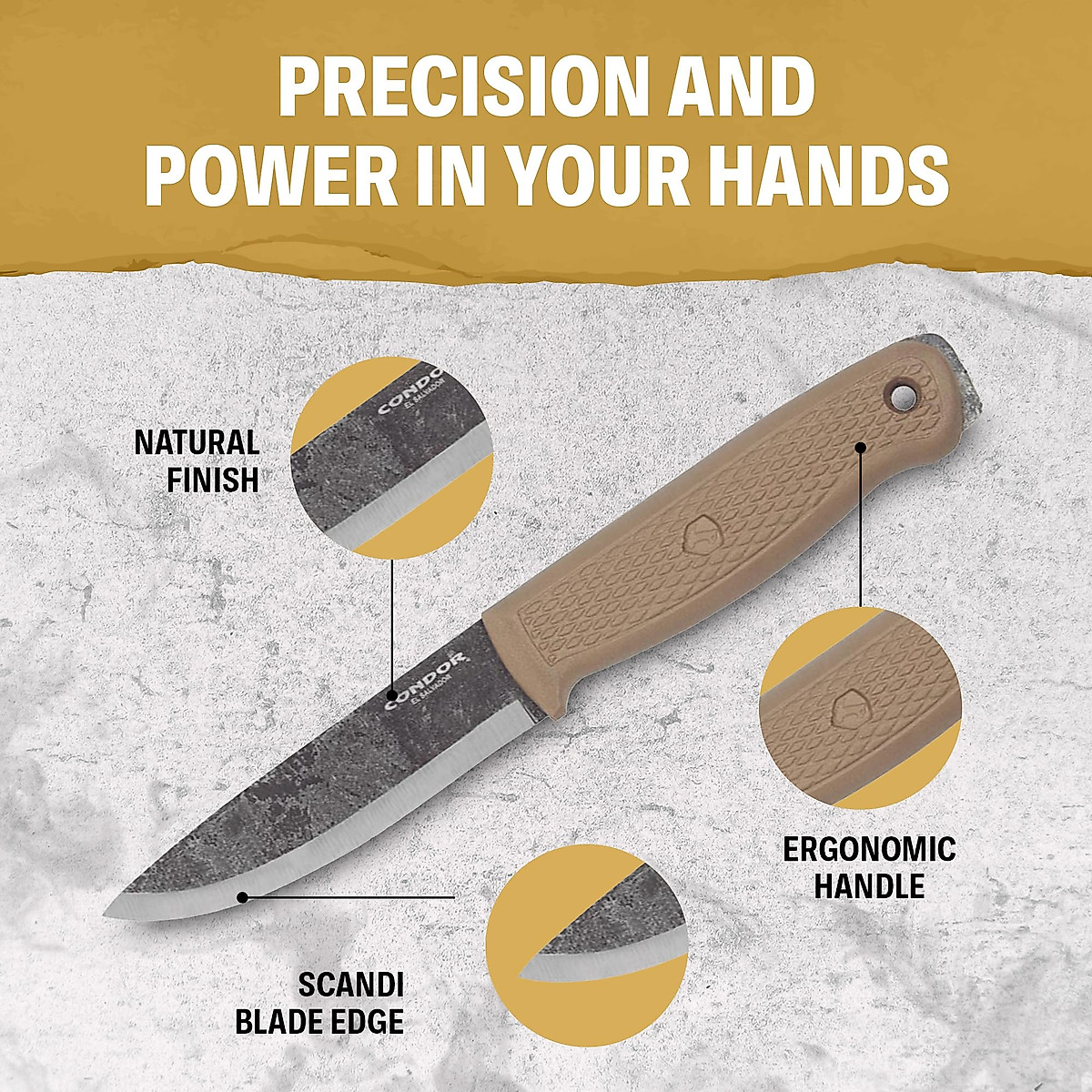 Condor Tool & Knife Terrasaur Knife Desert - 1095 High Carbon Steel - Bushcraft Knife with Scandi Edge - Fixed Blade Knife with High Impact Polypropylene Sheath - 3mmThick - 4.2in Blade - 7.1oz