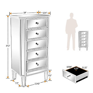 VINGLI VNGLI Mirrored Dresser 5 Drawers Modern Chest, Mirrored Chest of Drawers, Glass Dresser for Bedroom, Dressing Room, Living Room, Silver