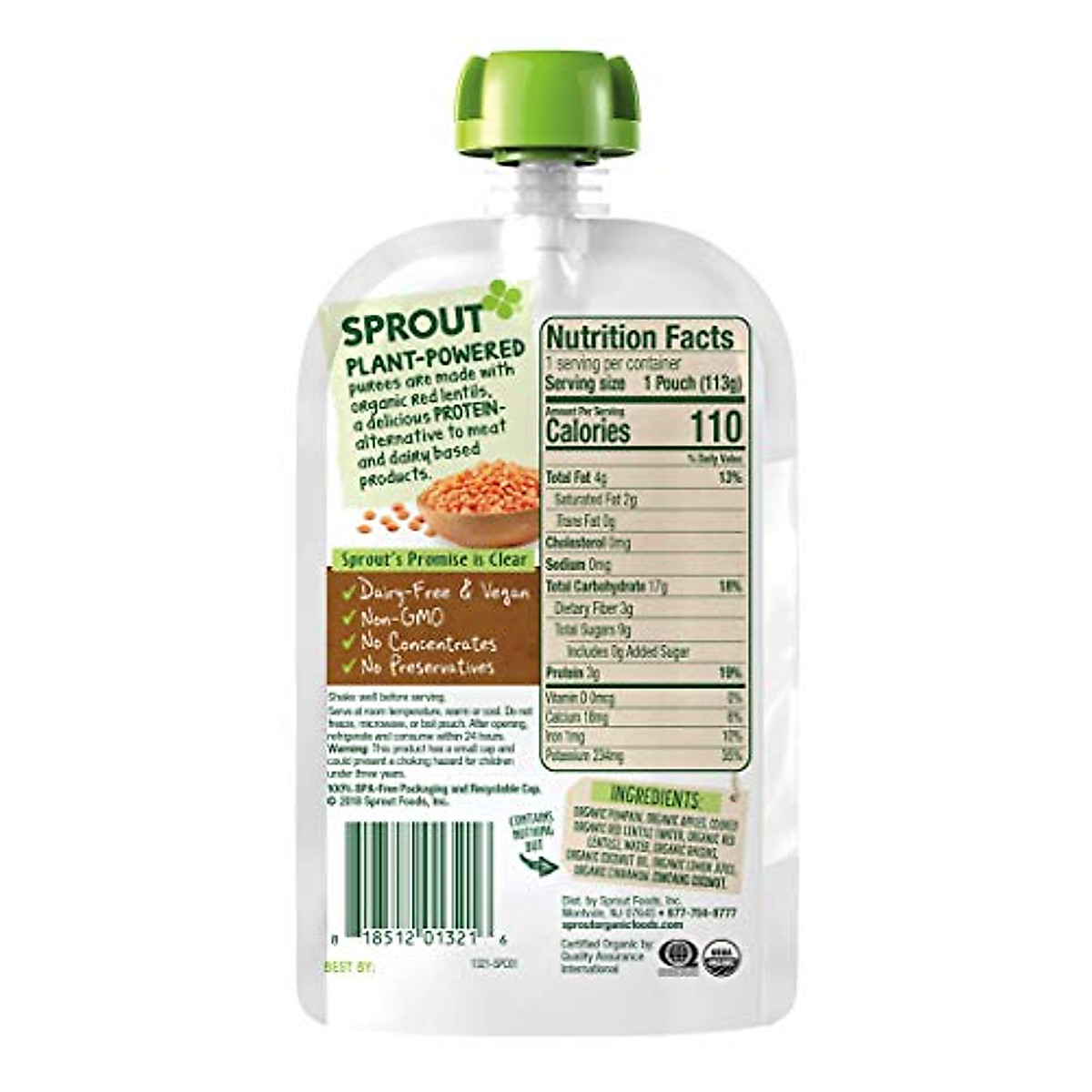 Sprout Organic Baby Food, Stage 3 Pouches, Pumpkin & Red Lentil Plant Powered Protein, 4 Oz Purees (Pack of 6)