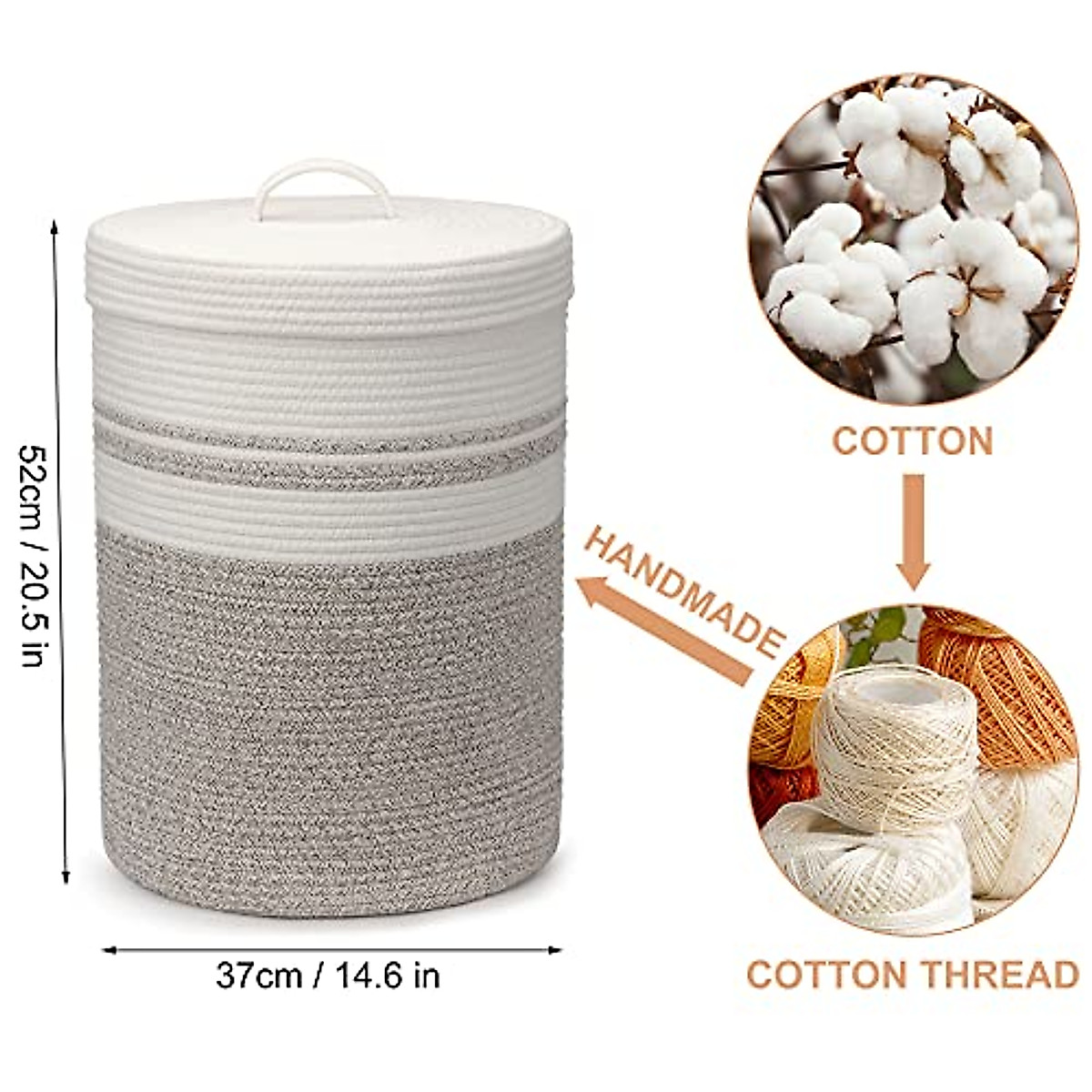 Goodheim Laundry Hamper with Lid, Large Woven Laundry Basket，Blanket and Toy Storage Basket for Living Room, Bedroom, Bathroom, Nursery（Brown and White，55L）