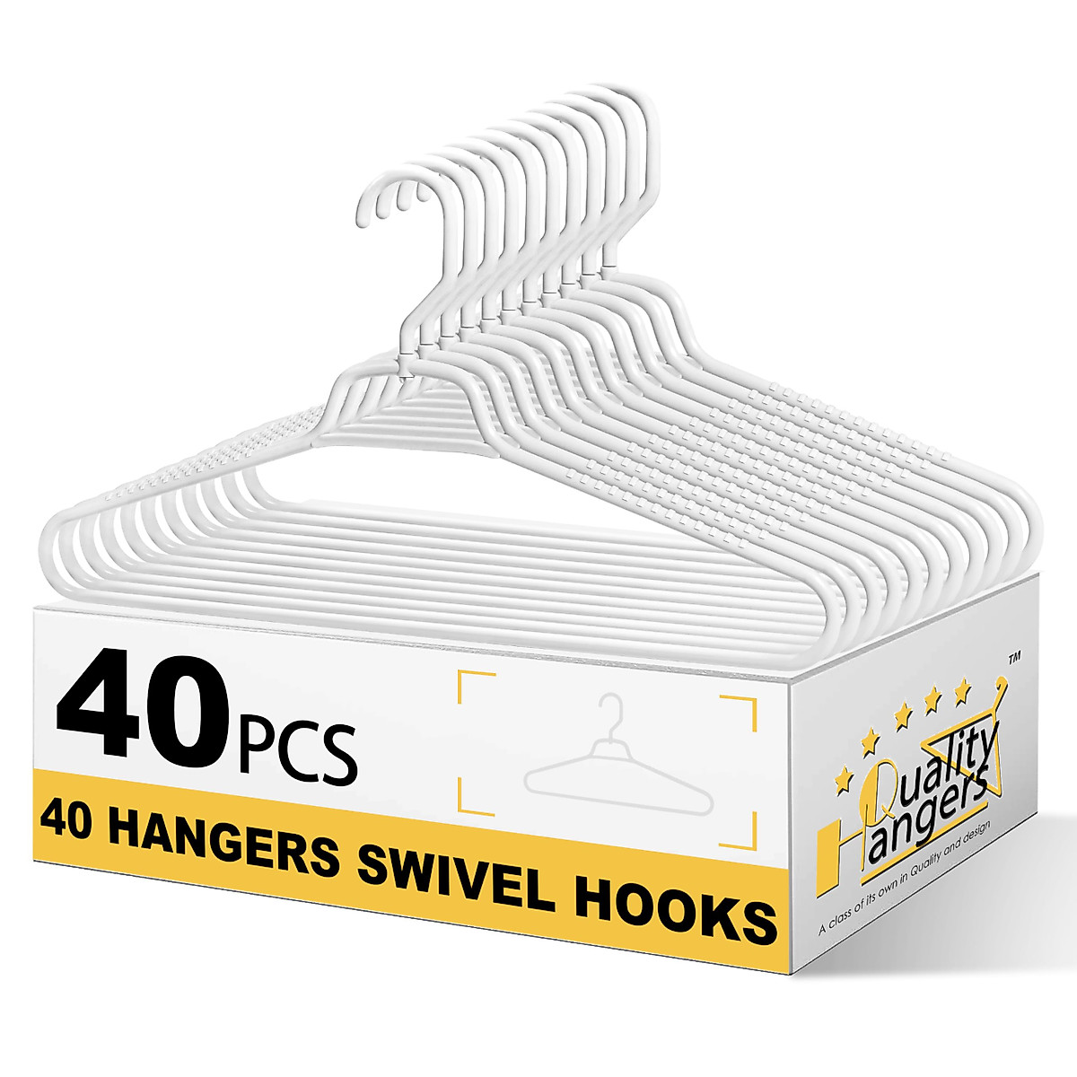 Quality Hangers Heavy Duty White Plastic Hangers 40-Pack with Swivel Hook | 7mm Thick Non Slip Coat Hangers with Accessory Bar | Ideal Clothes Hangers Plastic for Everyday Use | 17 Inches (40, White)