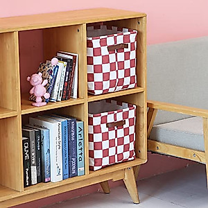 Hinwo 3-Pack Cubic Organizer Shelf Bins, Canvas Fabric Storage Baskets with Handles, 22L/5.8-Gal Square Storage Bins, Cubes, Collapsible Storage Box, 11 x 11 x 11 Inches (S, Red Checkerboard)