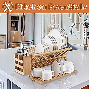 ZROOY Bamboo Dish Drying Rack with Utensil Holder Set,3-Tier Collapsible Wood Dish Drying Rack for Kitchen,Folding Bamboo Drying Rack with Utensils Flatware Holder,Space-Saving Storage with Foldable