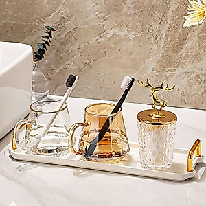 Porcelain Serving Tray with Gold Handles, 14 x 4 inch White Decorative Tray with 1”Wall, Long Narrow Coffee Table Tray Rectangular Tea Tray Decor with Gold Rim for Party, Entertaining S Halyuhn