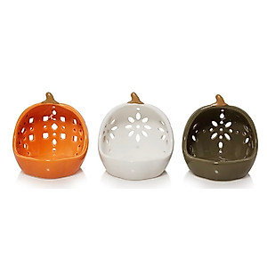 Yankee Candle Pumpkin Candle Holders - Set of 3 Pumpkin Tea Light Holders - Colored with Cutouts in Orange, White, and Green - for Fall, Autumn, Halloween, Thanksgiving