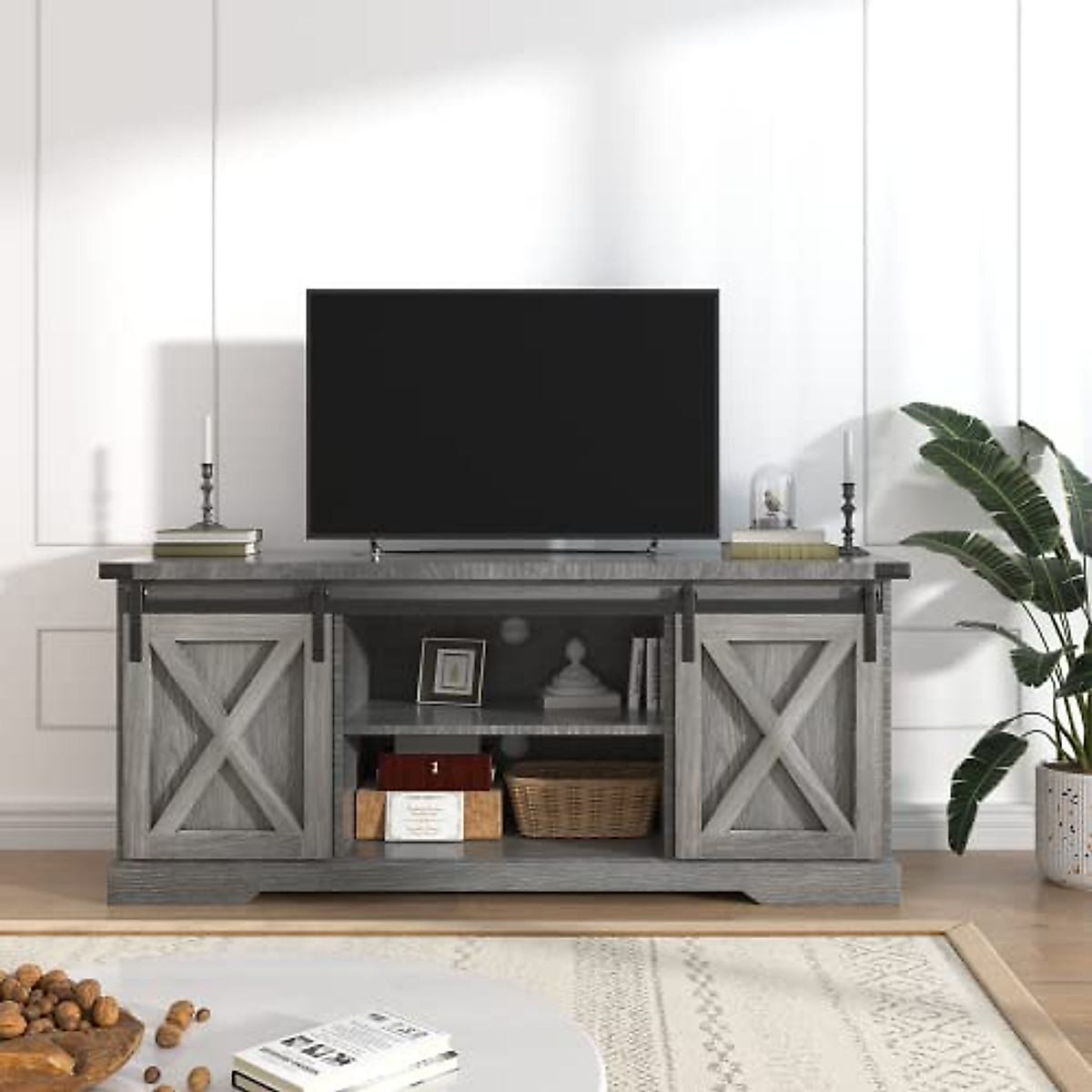 St.Mandyu Farmhouse TV Stand for TVs up to 65 inch, Wood Entertainment Center with Sliding Barn Doors, Media Console Storage Cabinets with Adjustable Shelves for Living Room Bedroom Office, Grey