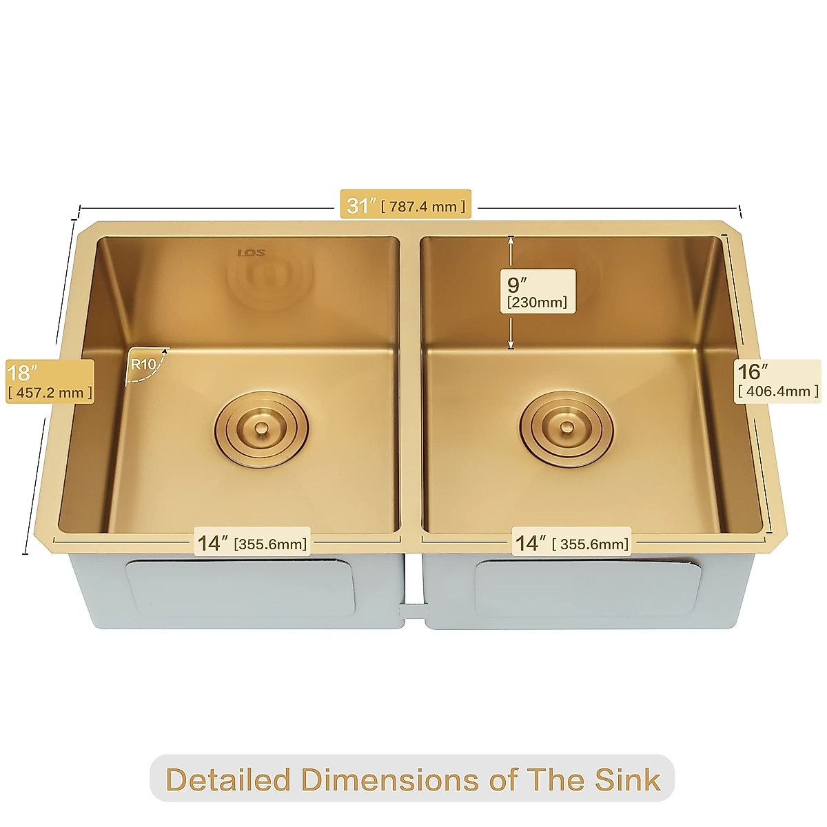 LQS Undermount Kitchen Sink Double Bowl 31 Inch Gold Colour, Stainless Steel Double Bowl Kitchen Sink, Double Bowl Kitchen Sinks with Accessories