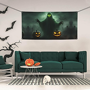 Banners and Signs for Outdoor 35x71 Backdrop for Birthday Party Business Graduation Wedding Event,Green Ghost Horror Halloween Pumpkin