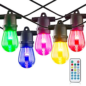 IPStank Outdoor String Light, 50FT S14 RGB Color Changing Low Voltage, 15 Waterproof and shatterproof LED Bulbs, linkable, Remote Control,Patio, Garden Light