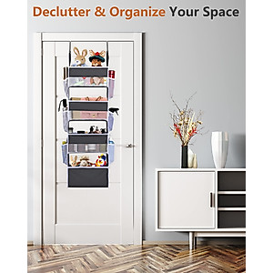 ULG Over Door Organizer with 4 Large Pockets 6 Mesh Side Pockets, 33 lbs Weight Capacity Hanging Storage Organizer with Clear Window for Bedroom Nursery, Baby Kids Toys, Diapers, Dark Grey (1 Pack)