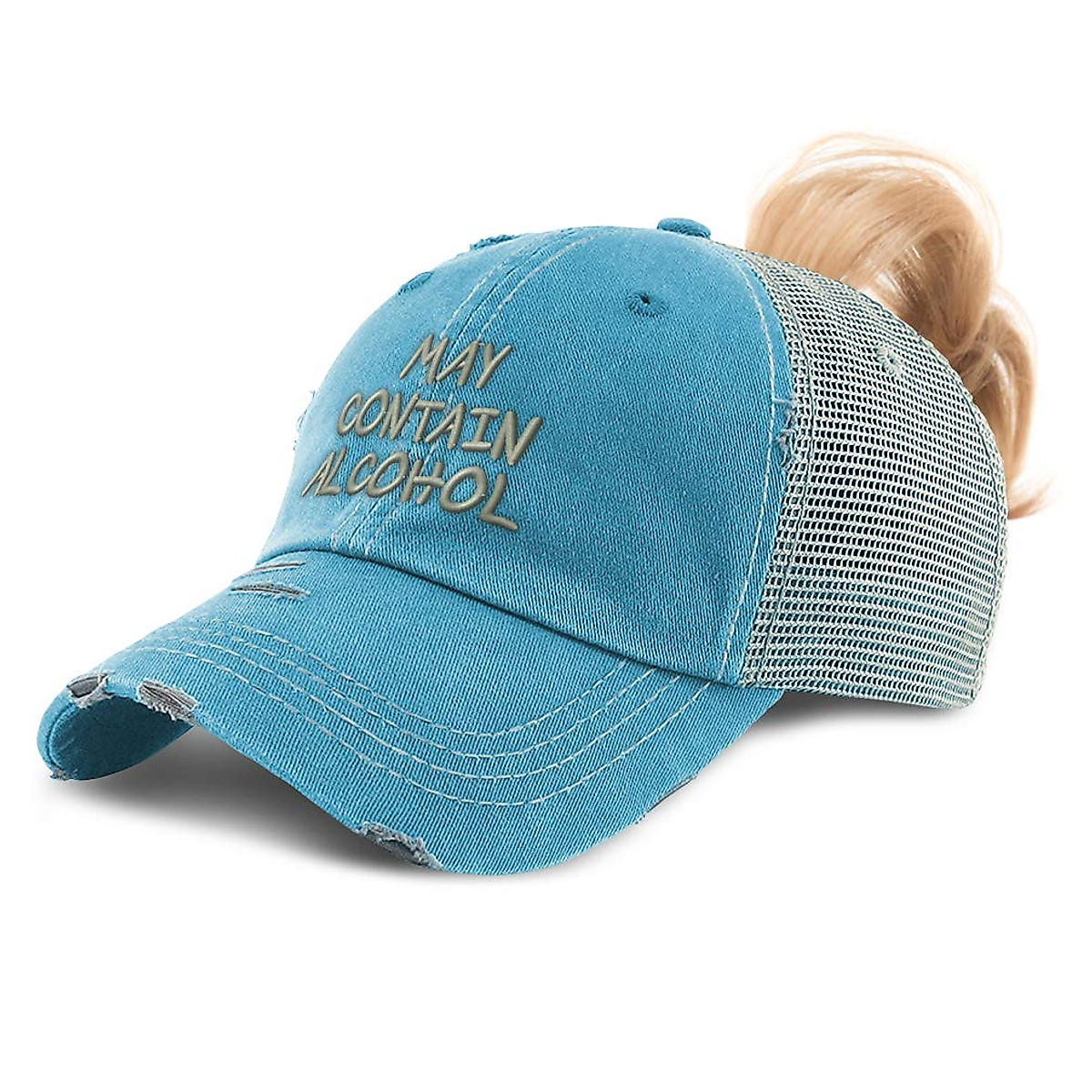 Speedy Pros Womens Ponytail Cap May Contain Alcohol Embroidery Cotton Distressed Trucker Hats Strap Closure Turquoise Design Only