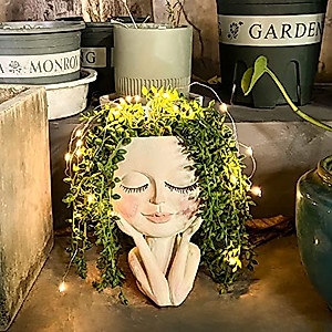 Solar-Face Flower Pot Head Planter Pots - LED String Lights Warterproof Resin Succulent Cactus Planters Pots with Drainage Hole Cute Lady Closed Eyes Indoor Outdoor Garden Decor (Large)