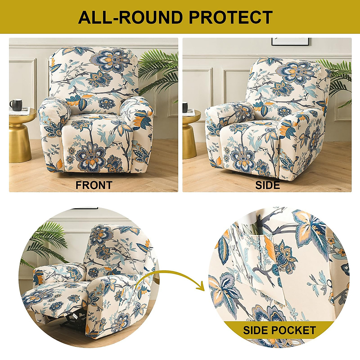 HAOYONG Recliner Slipcovers Stretch Lazyboy Recliner Cover 4 Pieces Covers for Recliners 1 Seat Recliner Couch Covers with Side Pocket Furniture Protector for Living Room