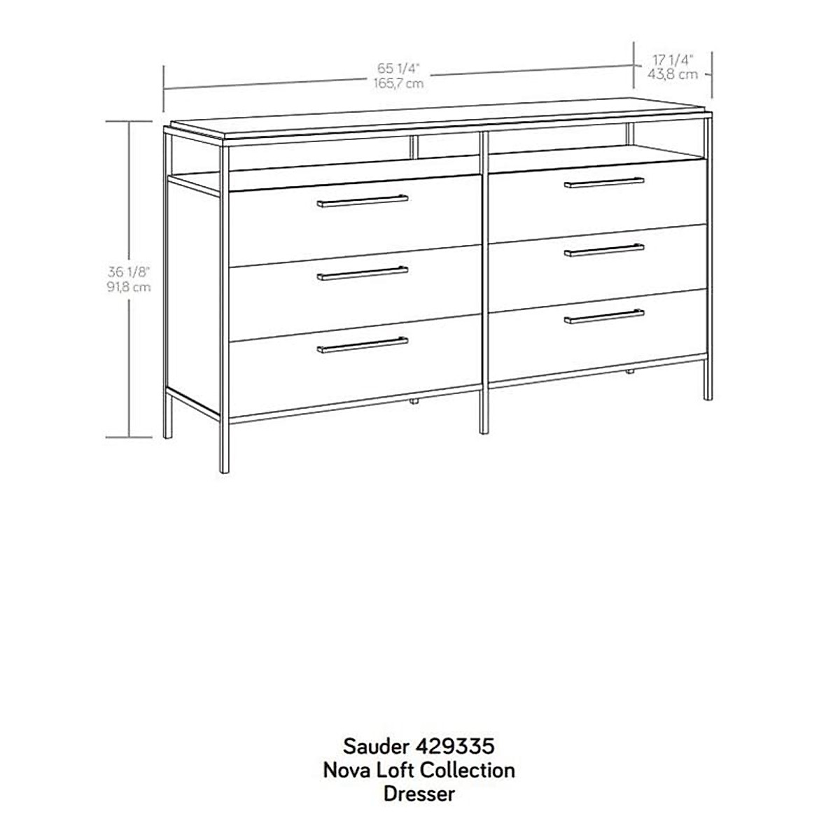 Sauder Nova Loft 6-Drawer Bedroom Dresser with Open Shelf, Grand Walnut Finish