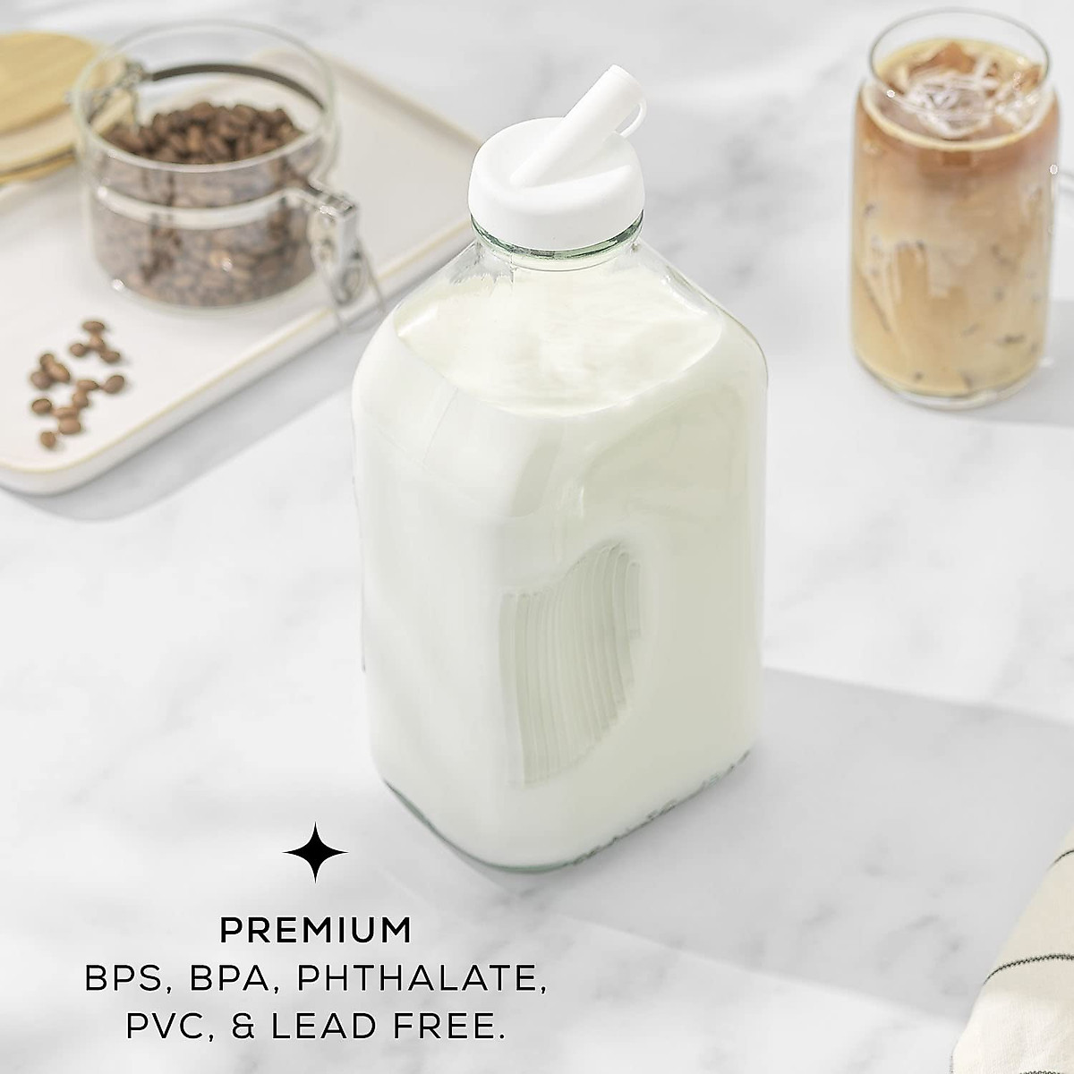 Glass Milk Bottle with Lid AND Pourer Multi-Pack. 64 Oz Reusable Glass Bottles with 6 Lids! Glass Milk Jug Pitcher, Buttermilk, Water or Juice Bottles with Caps, Syrup, Honey or Sauce Container