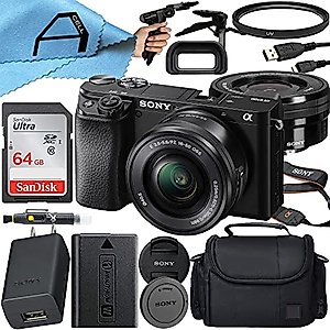Sony Alpha a6100 Mirroless Digital Camera with E PZ 16-50mm OSS Lens + A-Cell Accessory Bundle Includes: SanDisk 64GB Memory Card + Case + Pistol Grip Tripod + Much More