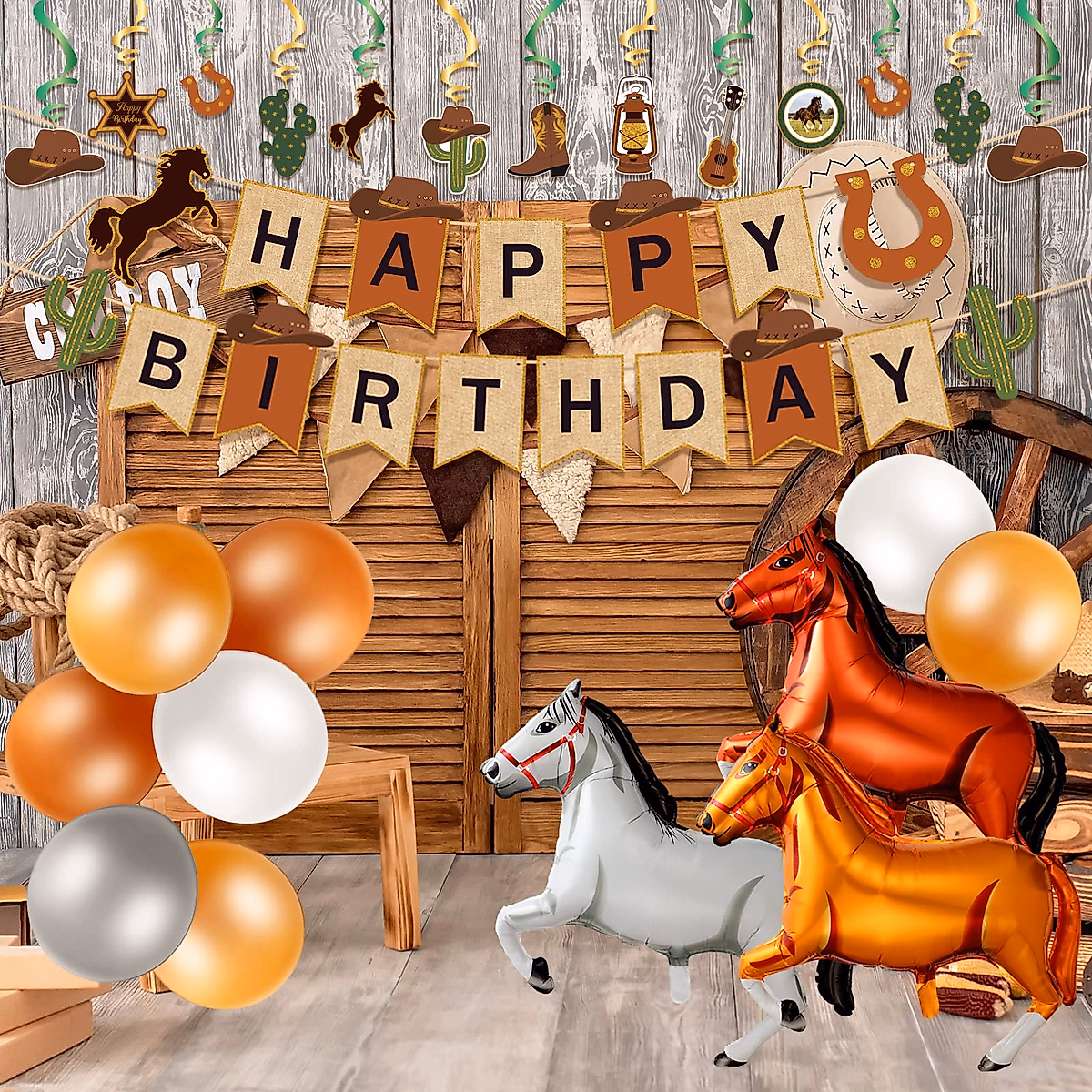 60PCS Cowboy Birthday Party Decoration Include 40 Inch Horse Shaped Foil Balloons Little Cowboy Happy Birthday Banner Cake Topper Hanging Swirls 12 Inch Latex Balloons for Western Party (Retro Style)