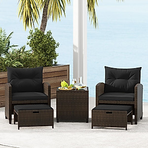 ORALNER 5 Pieces Patio Furniture Set with Ottoman, Wicker Conversation Set w/Cushions, Glass Coffee Table, Outdoor Rattan Lounger Chairs Bistro Set for Porch Balcony Garden Deck Poolside (Black)