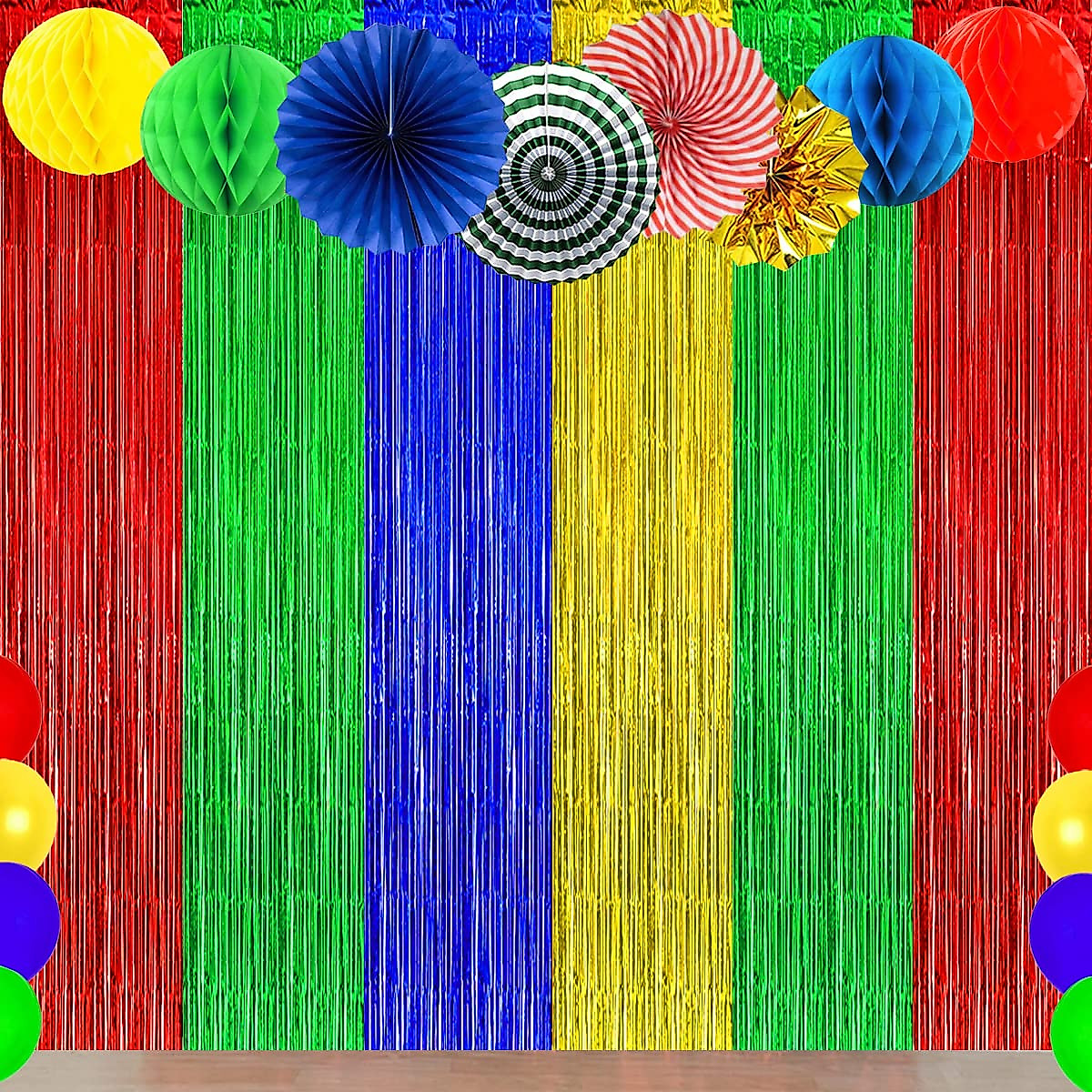 Blue Red Green Yellow Party Decorations, Blue Red Green Yellow Foil Fringe Backdrops Streamer Tinsel Curtains for Graduation Boys Girls Birthday Baby Shower Party Decor (3Pack)