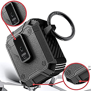 Jusy Military Case Compatible with Airpods 1&2, Rugged Protective Cover with Keychain Clip Accessories, Full Body Shockproof Heavy Duty Hard Skin Wireless Charging (Black)