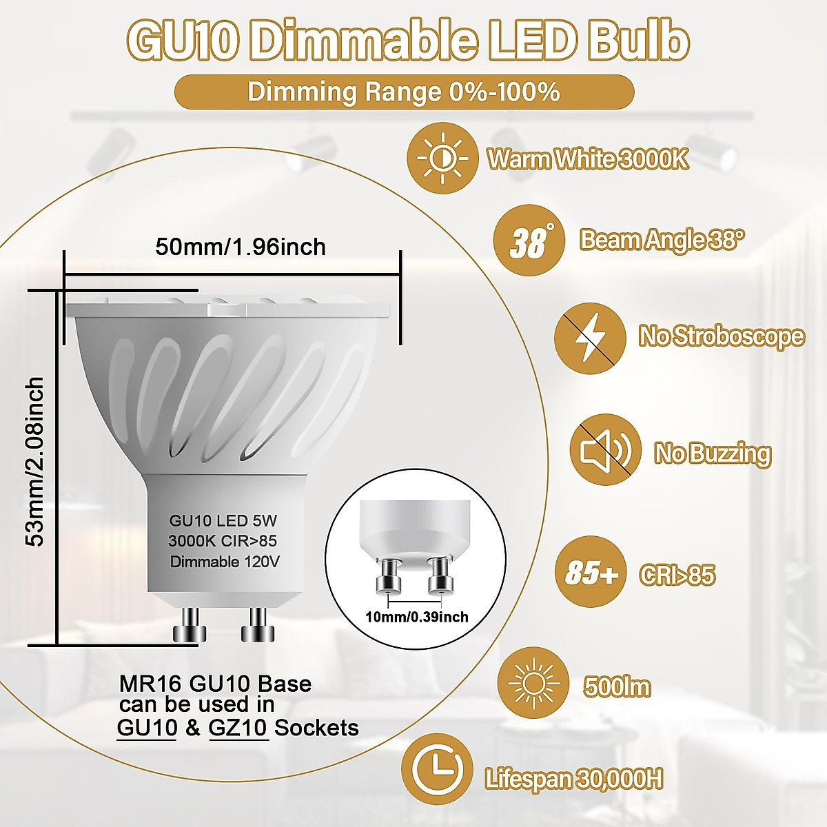 VITUNOV GU10 LED Bulb Dimmable, 50W Halogen Equivalent, Warm White 3000K, 120V 5W 500LM MR16 Spotlight Bulbs for Track Recessed Accent Ceiling Lighting, 6 Pack