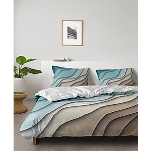 4 Pieces Duvet Cover Bedding Set Cal King Ultra Soft Quilted Luxury Washed Comforter Bedspread Bed Sheet Pillowcases Modern Teal Bule Brown Gradient for Bedroom Decor Geometric Abstract Beach