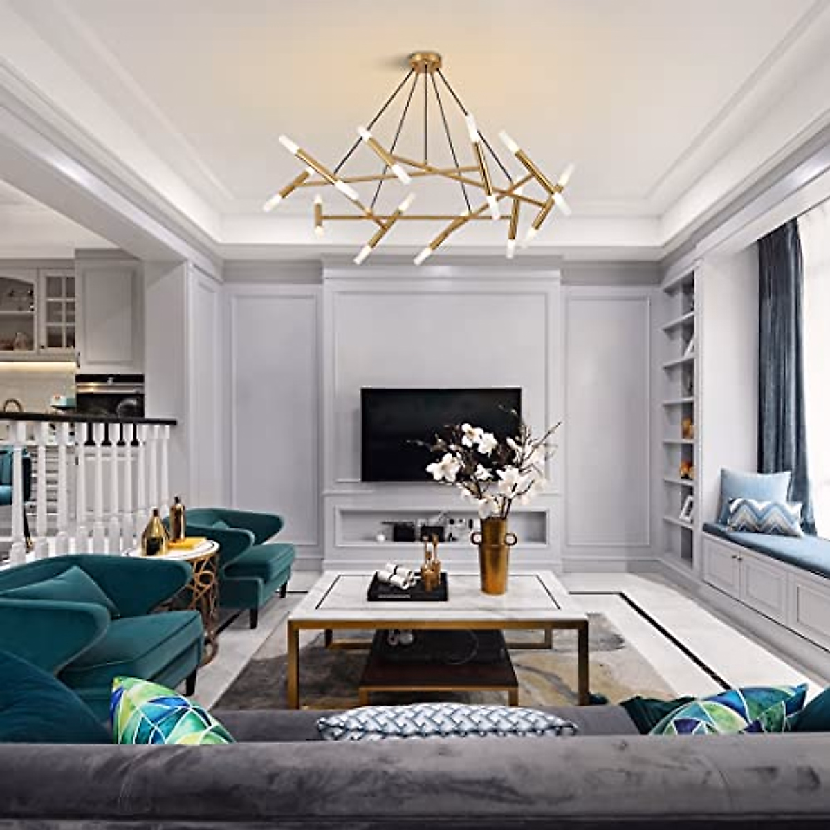 BOKT Mid Century Modern 20-Light Polygonal Chandelier Light Fixture for Kitchen Living Room Foyer Dining Room Ceiling Lamp Includ G4 Warm White Bulbs (Bronze)