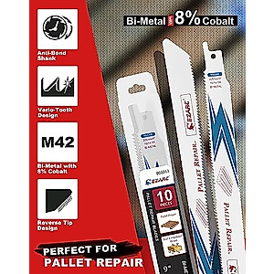 EZARC Reciprocating Saw Blade Special for Pallet Repair, 9-Inch Bi-Metal Sawzall Blades Set 10+14TPI for Nail Embedded Wood (10-Pack)