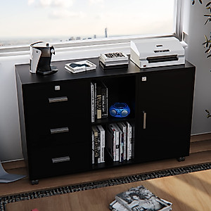 ZIAERKOR Mobile File Cabinet with Lock, Lateral File Cabinets with 3 Drawer Office Filing Cabinet Home Office Organization and storageCabinet Printer Stand with Open Storage for Home Office, Black