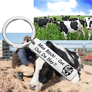 FEELMEM Funny Cow Cow Lover Gift Moo Bitch Get Out Da Hay Keychain Farmer Gift