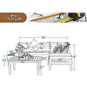 PHI VILLA 3-Piece Outdoor Rattan Sectional Sofa Set with Acacia Wood Coffee Table Patio Wicker Furniture Set with Cushions Conversation Set, Navy Blue